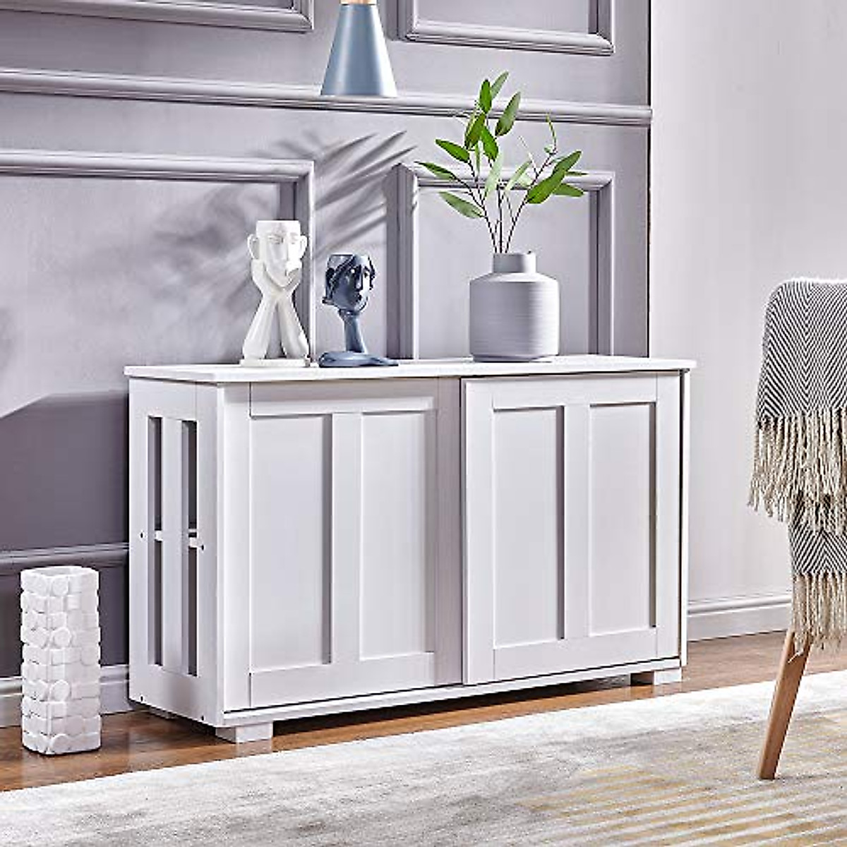 QIHANG-US Kitchen Storage Sideboard with Sliding Door, Farmhouse Barn Door Buffet Console Table, Antique Stackable Cabinet Cupboard with Shelves for Living Room Entryway Dining Room, Warm White