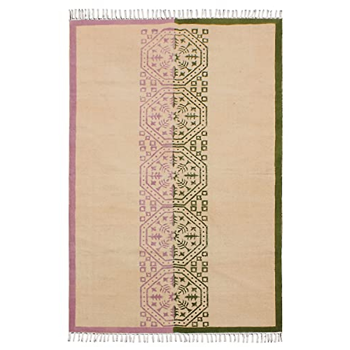 Casavani Indian Handmade Cotton Dhurrie Striped Green & Pink Area Rug Boho Kilim Flat Weave Rug Indoor Hall Room Decor Carpet Throw Rugs for Bedroom Living Room Bathroom Balcony 9x9 Feet Square