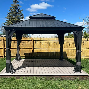 PURPLE LEAF 12' X 12' Permanent Hardtop Gazebo Aluminum Gazebo with Galvanized Steel Double Roof for Patio Lawn and Garden, Curtains and Netting Included, Grey