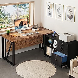 YITAHOME 55" Executive Desk and Lateral File Cabinet, 3 Drawers File Cabinet with Charging Station, L Shaped Desk Computer Desk Home Office Furniture Sets with Drawers & Storage Shelves, Walnut+Black