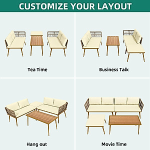 YITAHOME 4 Pieces Patio Furniture Set, Outdoor Rattan Woven Conversation Sectional L-Shaped Sofa with 5 Seater for Backyard, Porch, Boho Detachable Lounger with Cushions and Side Table - Beige