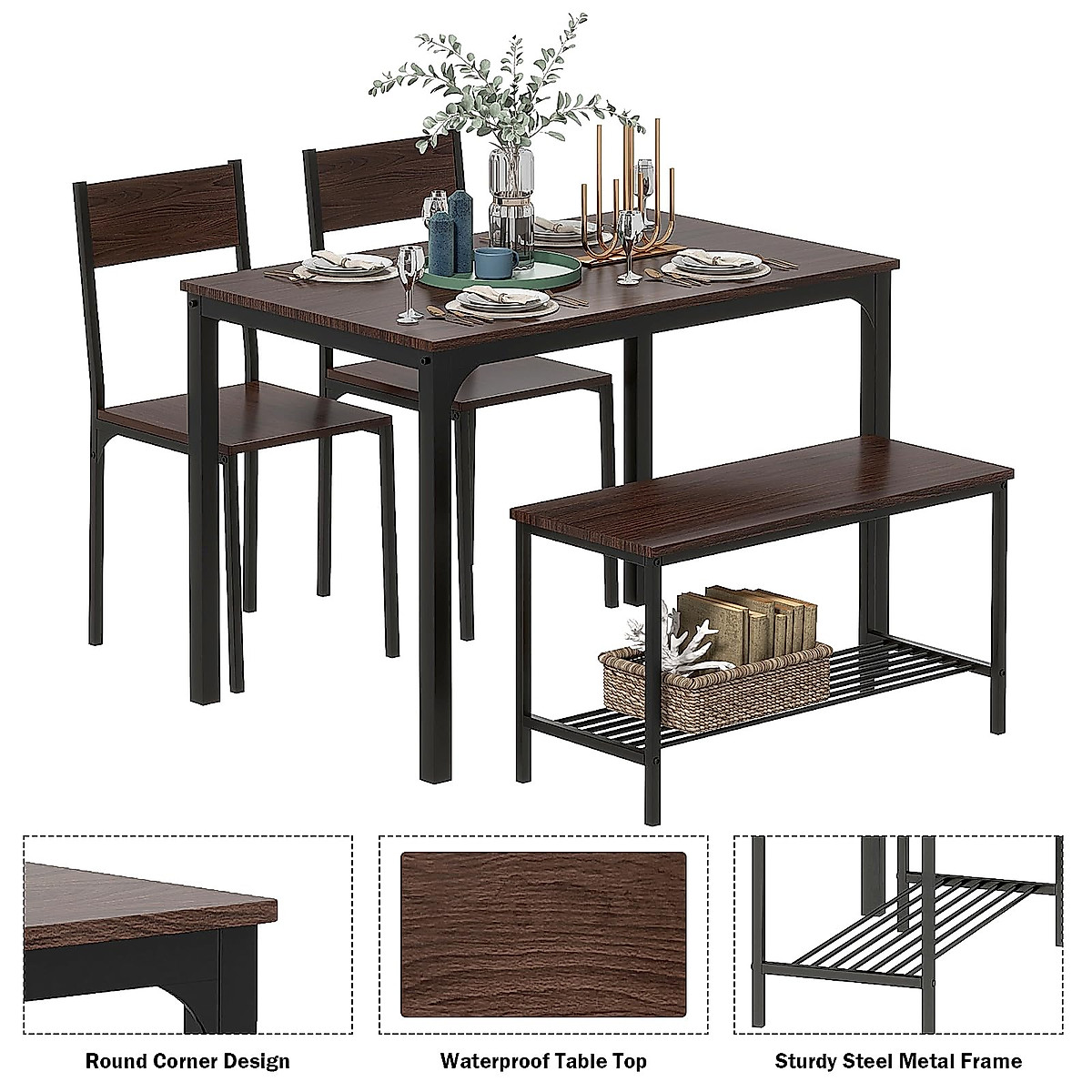 SogesGame Dining Table Set for 4, 43" Dining Room Table with Bench and 2 Chairs, 4 Pieces Modern Kitchen Table Set for Breakfast Nook, Dinette, Kitchen and Dining Room, Dark Walnut