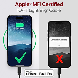 TALK WORKS Fast-Charge Lightning Cable - MFi-Certified for Apple iPhone 13, 12, 11 Pro/Max/Mini, XR, XS/Max, X, 8, 7, 6, 5, SE, iPad, AirPods, Watch - 10ft Long Fast Charger, Heavy-Duty Cord, Black
