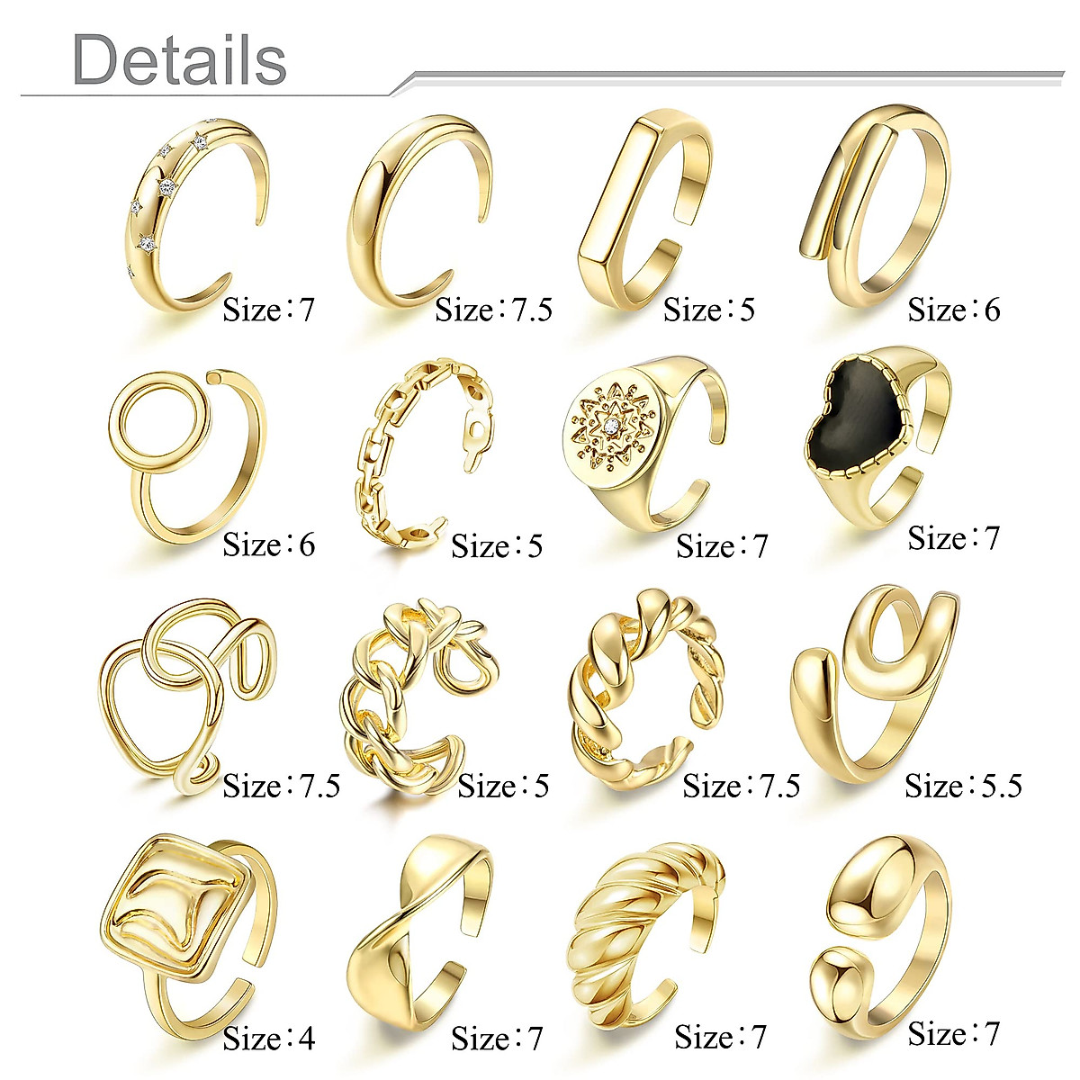 HAIAISO 16Pcs Gold Chunky Dome Ring Set for Women 18K Gold Plated Stackable Open Link Ring Trendy Braided Twisted Geometric Heart Signet Ring Adjustable Band Ring Minimalist Statement Over 3 Years Old