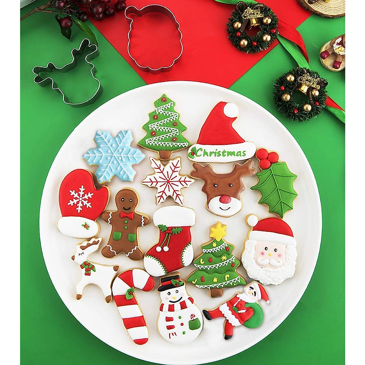 KAISHANE Christmas Cookie Cutters Set of 9 - Star Tree Angel Bell Stocking & More Shapes Stainless Steel