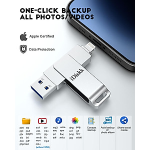 【App-le Certified】iDiskk 128GB Photo Storage Stick iPhone Storage Flash Drive for iPhone usb storage flash drive,iPhone USB External Storage for Mac,iPad and PC Photo Stick for Photos Videos Contacts