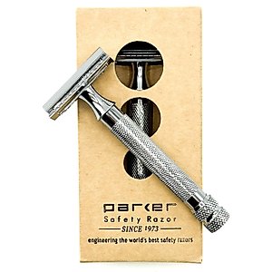 Parker 91R Double Edge Safety Razor – Three-Piece Heavyweight Safety Razor with Brass Frame & Chrome Plated Knurled Handle –5 Premium Parker Platinum Double Edge Razor Blades Included