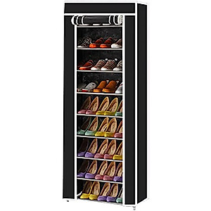 Kennkari 9 Tier Shoe Rack with Dustproof Cover, Free Standing Shoes Organizer, Narrow Shoe Storage Rack, 20-pair (Black)