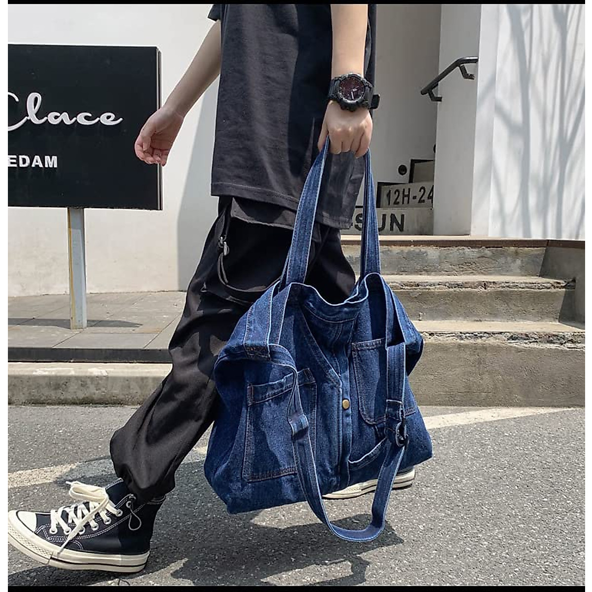 Denim Tote Bag Casual Style Lightweight Classic Retro Travel Shopper Shoulder Handbag Crossbody Handbag (Dark Blue)