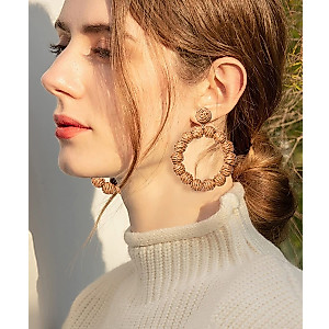 Rattan Zinc Earrings Rattan Ball Hoop Dangle Earrings for Women Handmade Bohemia Earrings Braid Straw Wicker Raffia Earrings Summer Beach Accessory Gifts (Brown)