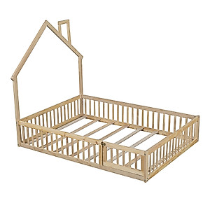 Merax Montessori Floor Bed with Fence and Door for Toddlers, Girls, Boys Pine Wood Bedframe Safety Guardrails for Children's Room, House-Shaped Headboard Kids Playroom, Full Size with Slats, Natural