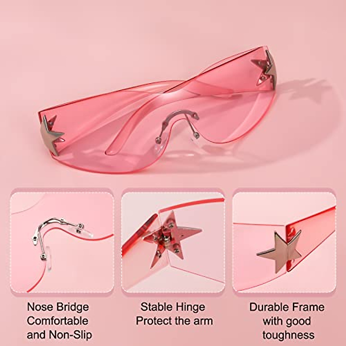 loraleo 2 Pairs Y2K Sunglasses for Women Men, Trendy Shield Wrap Around Sun Glasses, Rimless Star Sunglasses, Oversized Frameless Glasses Shades