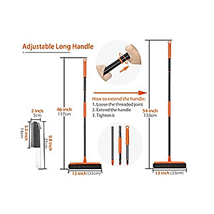 JEHONN Rubber Broom Carpet Rake for Pet Hair Remover, Fur Removal with Squeegee, Portable Detailing Brush Brush, 54 Inches Telescopic Long Handle for Fluff Carpet