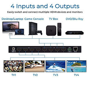 MuxLab 4x4 HDMI 2.0 4K 60hz Matrix Switcher | IR Remote | Supports 4K@60Hz | 4:4:4 | HDR | 4 in 4 Out | No Driver | Control with IR Remote | RS232 | TCP/IP & Push Button | Switcher and Splitter
