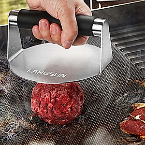 FANGSUN Burger Press with Anti-Scald Handle, 5.8 Inch Stainless Steel Burger Smasher, Round Non-Stick Hamburger Press for Griddle, Griddle Accessories Kit for Flat Grill Cooking, Gift Package