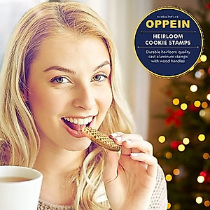 OPPEIN Cookie Stamps Set of 3, Metal Cookie Press Cutter Mold with Wooden Handle, Cookie Decorating Supplies for DIY Baking, Cake, Pastry, Gift Package