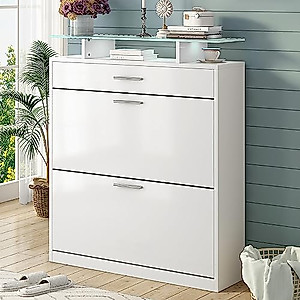 FridayParts Slim Entryway Organizer with 2 Flip Drawers, Tempered Glass Top Shoe Storage Cabinet with Drawer, Free Standing Shoe Rack with LED Light for Hallway, White