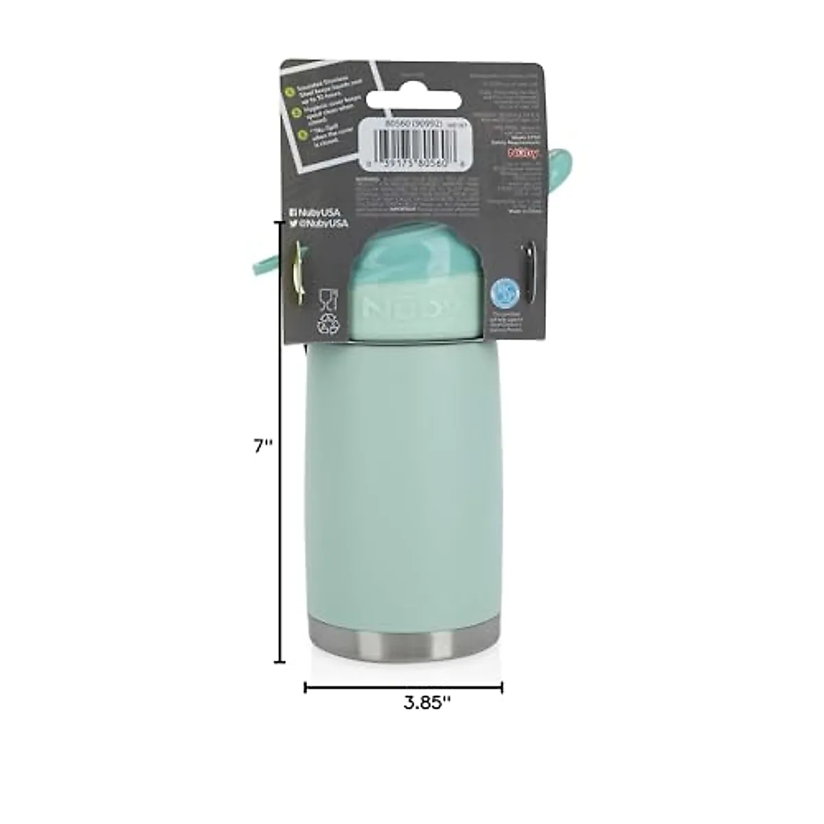 Nuby Thirsty Kids No Spill Flip-It Reflex Stainless Steel Travel Cup or Water Bottle - 10 Oz - 18+ Months - Aqua Mint