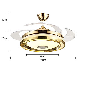 TFCFL 42'' Modern Music Ceiling Fan with Light, Invisible Smart Chandelier Fan with Bluetooth Player Remote Control 4 Retractable Blades 3 Colors for Dining Room Bedroom (Gold)