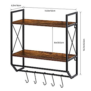 Bathroom Towel Rack 2 Tier Wall Shelf with Towel Bar, Rustic Towel Rack with Shelf for Wall Storage Shelves with Hooks Over Toilet Shelf Wall Mounted Towel Holder Shelf Floating Shelves for Home Brown