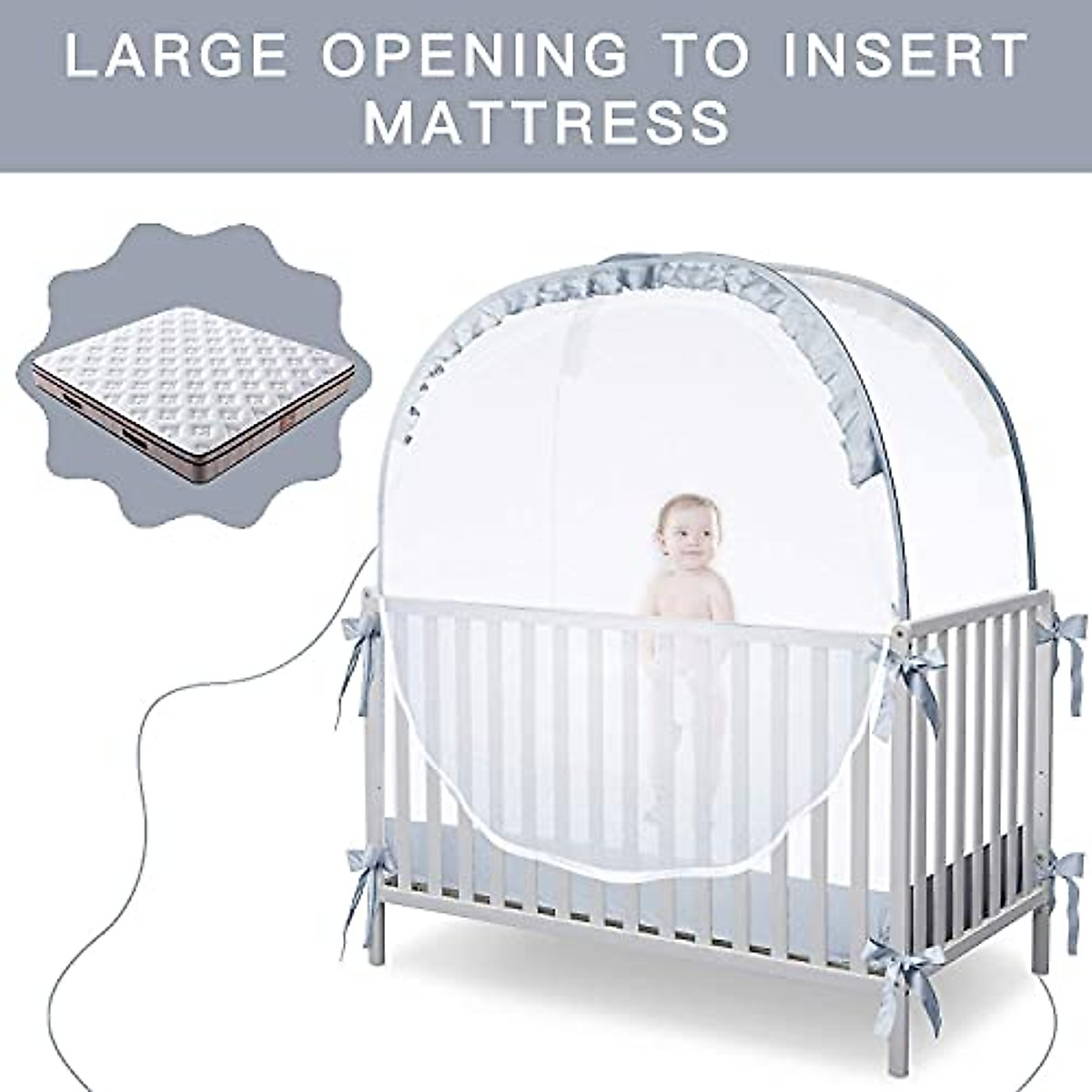 L RUNNZER Baby Safety Crib Tent to Keep Baby from Climbing Out,Pop Up Crib Tent to Protect Your Baby from Falls and Bite,See Through Mesh Top Nursery Mosquito Net