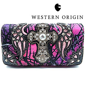 Camouflage Cross Wings Western Style Concealed Carry Purse Country Handbag Women Shoulder Bag Wallet Set (Purple Set)