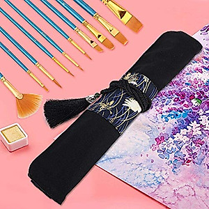 Handmade Fabric Pen Case Holders Canvas Paint Brush Roll Up Pencil Bag Pouch with Pockets & Tassel Wrap Large Capacity