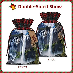 Christmas Gift Bags with Drawstring Burlap Gift Bags Beautiful Waterfall Christmas Linen Bags for Xmas Party Candy Bags with Cards Xmas Reusable Wrapping Bags Christmas Linen Treat Bags for Holiday
