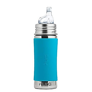 Pura Kiki 11oz/325ml Stainless Steel Sippy Cup Bottle w/Sleeve, Plastic-Free, MadeSafe Certified, Medical-Grade XL Silicone Sipper Spout Fast Flow Rate for Kids, Toddlers, Babies & Infant - Aqua