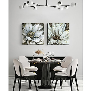 Wallpaint - Black and White Flower Wall Art with Texture and Gold Foil, Elegant Blooming Floral Picture Canvas Wall Decor for Living Room Bedroom - 30"x30"