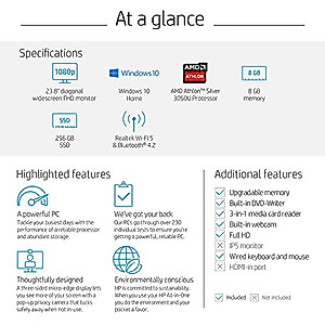 HP 24-inch All-in-One Desktop Computer, AMD Athlon Silver 3050U Processor, 8 GB RAM, 256 GB SSD, Windows 10 Home (24-dd0010, White)