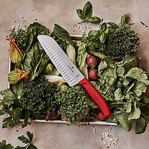 Victorinox Swiss Classic Santoku Knife - Sharp Kitchen Knife for Mincing, Dicing & Slicing - Cutting Knife for Kitchen Accessories - Red Handle, 7"