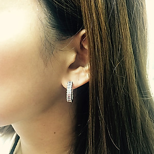 Platinum Plated 925 Sterling Silver Baguette Cubic Zirconia Full Ring Pave Cz Hoop Earrings