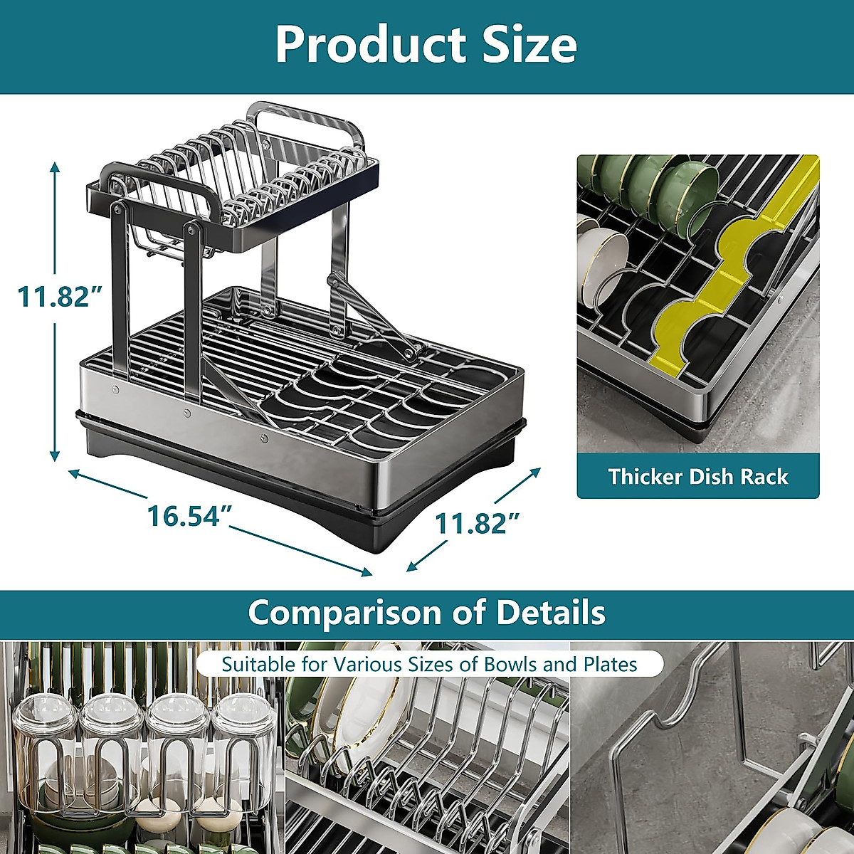 Stainless Steel Dish Drying Rack 2 Tier, Large Dish Racks for Kitchen Counter,Dish Drainer and Dish Rack with Drain of Rotatable Spout，Collapsible Dish Drying Rack for Kitchen Counter of family,Black