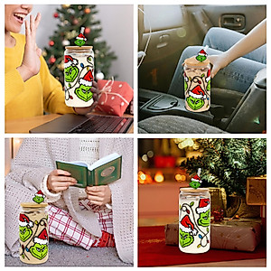 Joyseller Christmas Gifts, Christmas Iced Coffee Can Glass, 18oz Christmas Glass Cup with Lid and Straw, Xmas Tumbler Beer Can Glass, Christmas Decorations