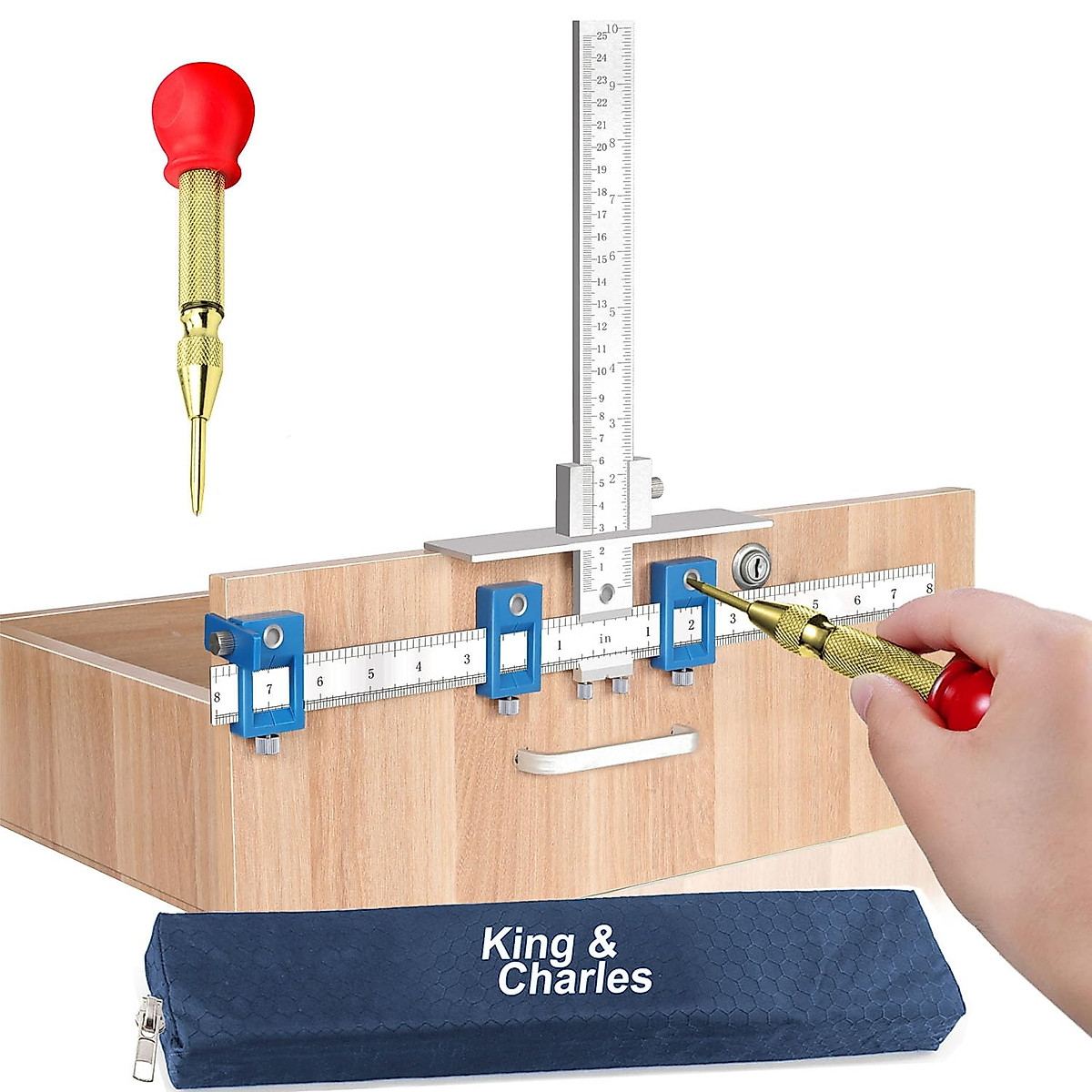 Cabinet Hardware Jig, King&Charles Metal Cabinet Handle Jig with Automatic Center Punch, Perfect Set - Avoid Jitter Caused by Direct Drilling, Use for Handles and Pulls on Drawers/Doors.