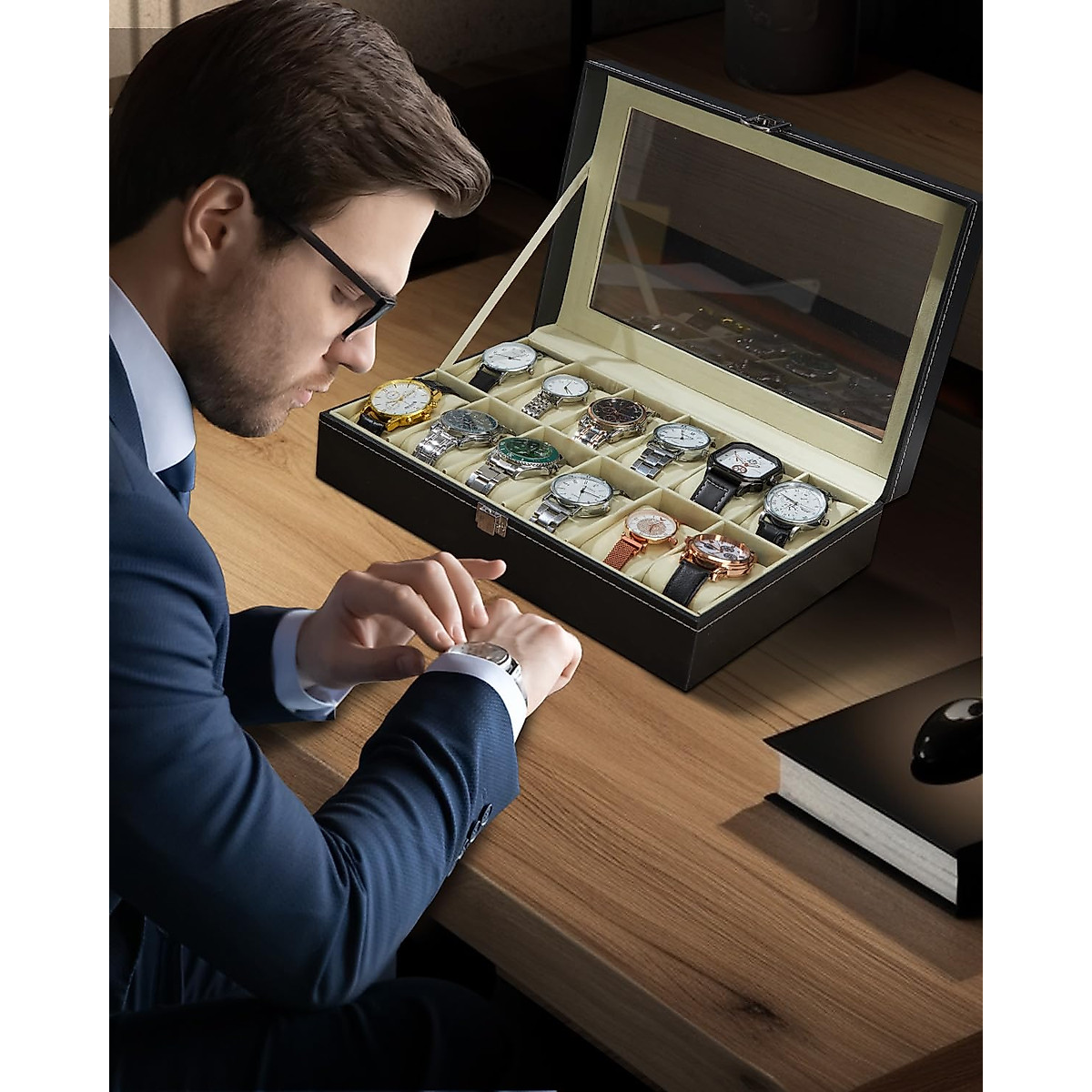 Ohuhu Watch Case, 12 Slot PU Leather Real Glass Lid, Watch Box Watch Holder Organizer Display Storage Box Soft Velvet Jewelry Box for Men and Women Birthday