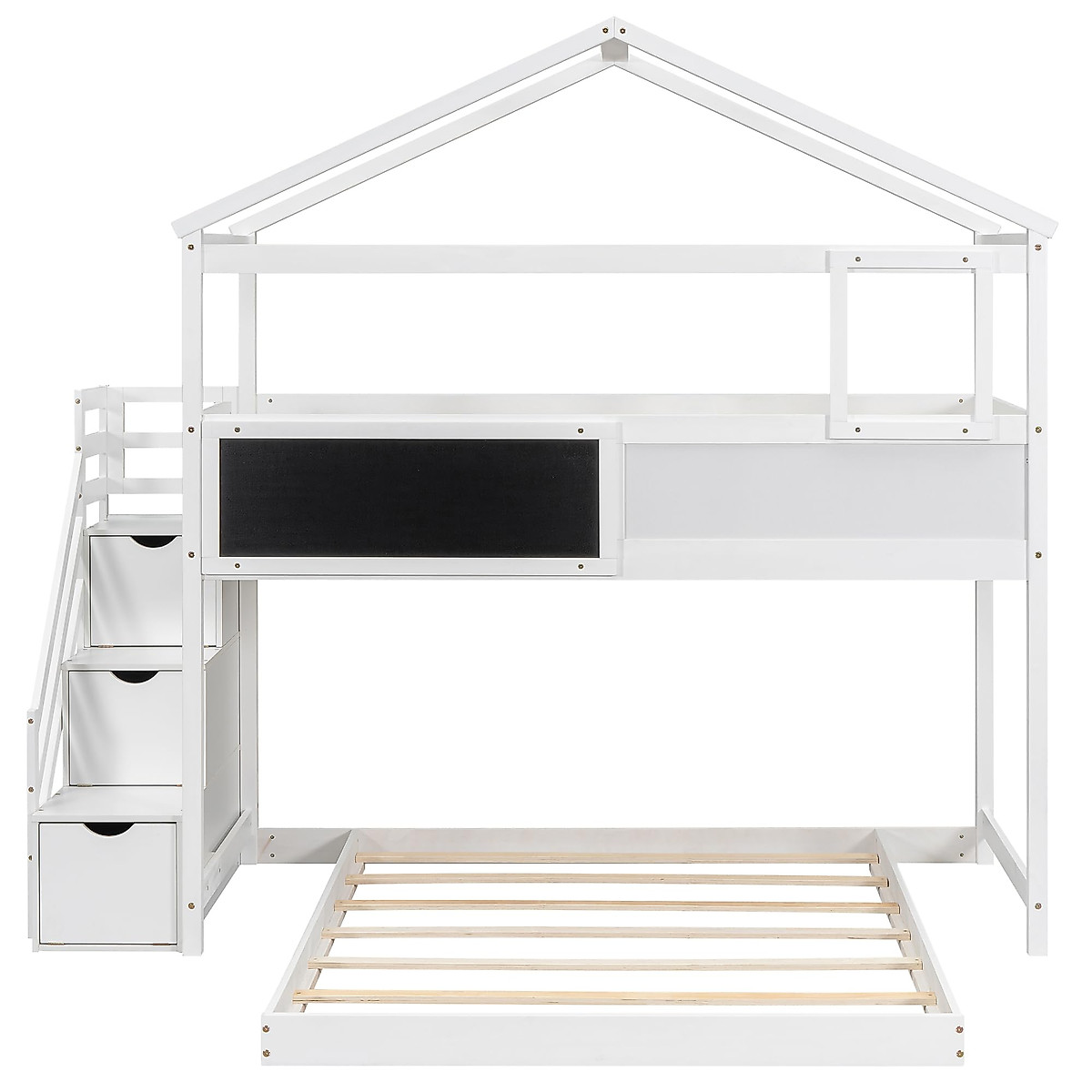 Harper & Bright Designs Twin Over Full House Bunk Bed with Stairs and Blackboard, Wood Floor Bunk Bed Frame with Storage Staircase, for Kids Teens (White)