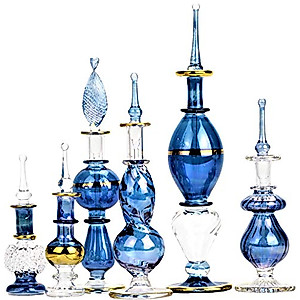 NileCart Egyptian Perfume Bottles All blue 2-5 in Collection Set of 6 Mouth-Blown Decorative Glass with Handmade Golden Egyptian Decoration for Perfumes & Essential Oils