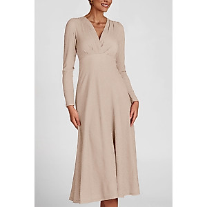 PRETTYGARDEN Women's 2024 Fall Midi Dress Casual Long Sleeve V Neck Cocktail Party A Line Flowy Dresses (Beige,X-Large)