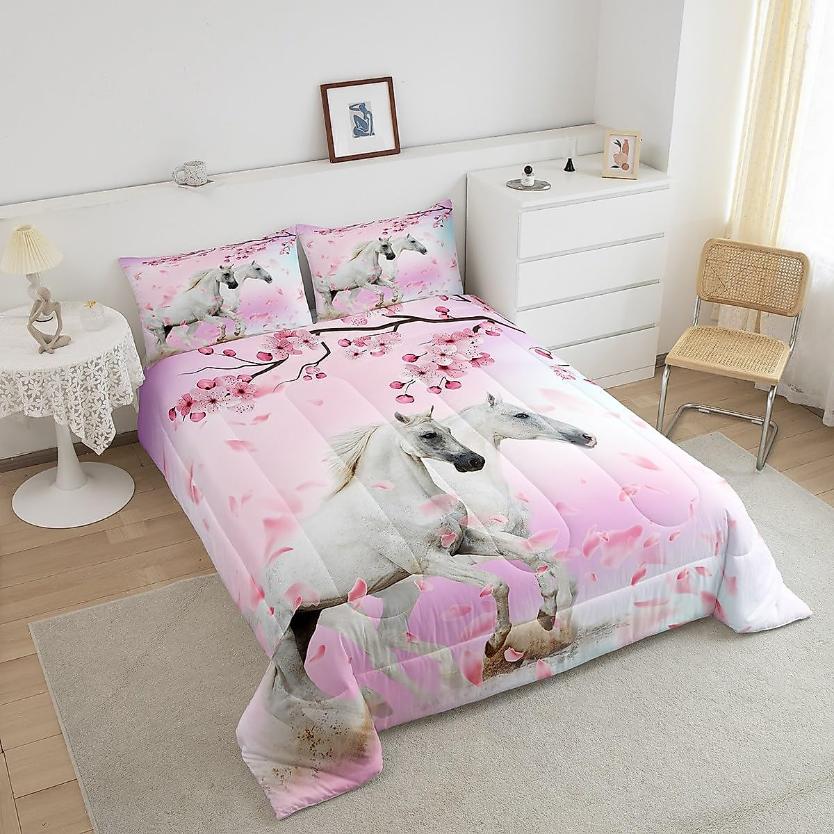 Manfei Farmhouse Horse Kids Comforter Set Twin Size,Sakura Cherry Blossom Romantic Bedding Set,Girls Boys Women Room Decor,Flowers Animals Rustic Down Comforter,Pink Dreamy Duvet Insert,1 Pillowcase