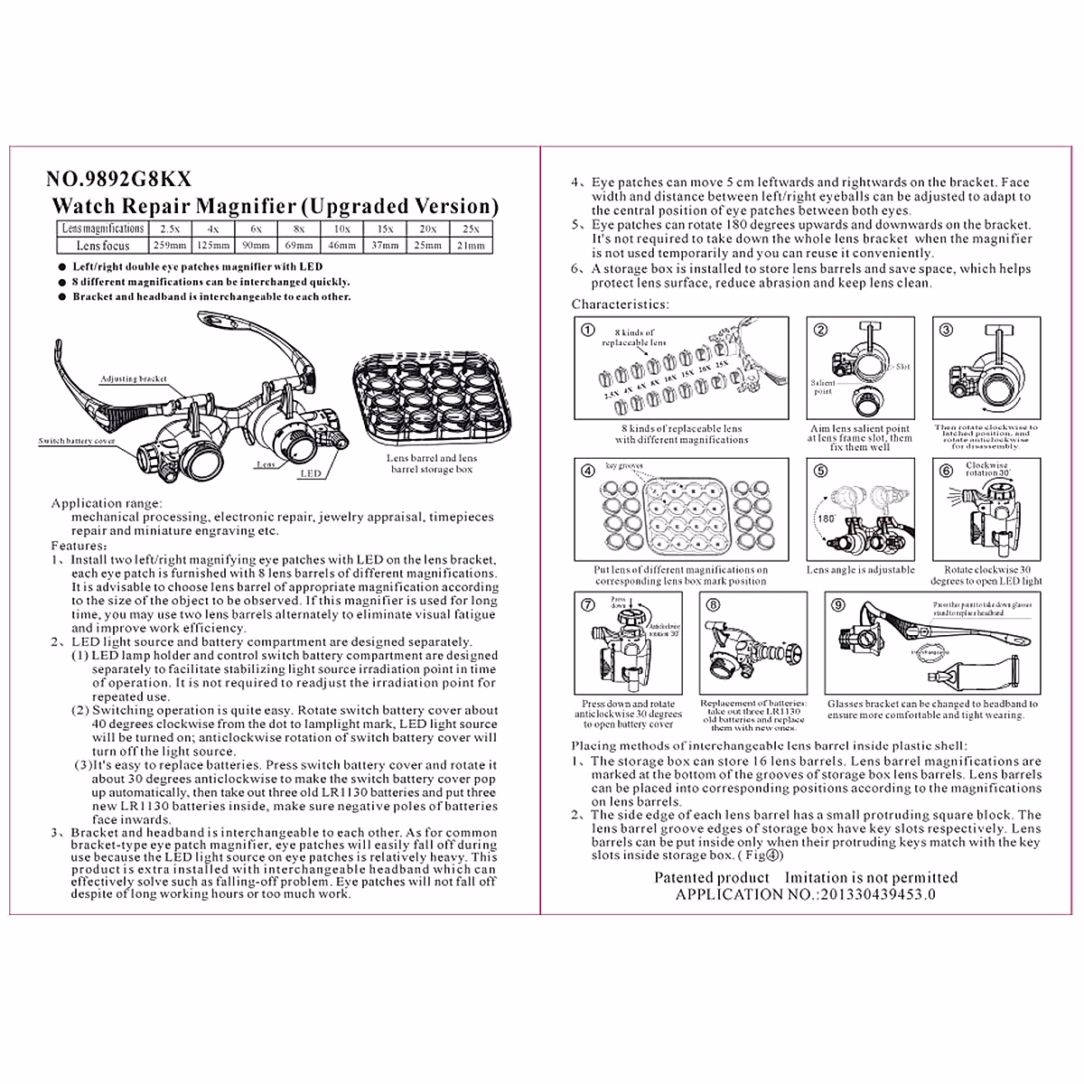 mlogiroa Head Mounted Magnifier with LED Light, Jewelers Loupe Magnifying Glasses with 8 Interchangeable Lens: 2.5X/4X/6X/8X/10X/15X/ 20X/25X for Close Work/Electronics/Eyelash/Crafts/Jewelry/Repair