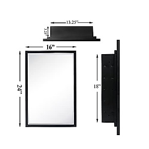 TEHOME Black Metal Framed Recessed Bathroom Medicine Cabinet with Mirror Rectangle Beveled Vanity Mirrors for Wall 16 x 24 inches