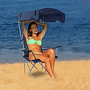 TeqHome Camp Chair with Shade Canopy, Heavy Duty Max Shade Folding Camping Lawn Chair with Cup Holder, UPF 50+ Sun Protection Portable Beach Lounge Chair for Outdoor Sports Support 330 LBS (Navy Blue)