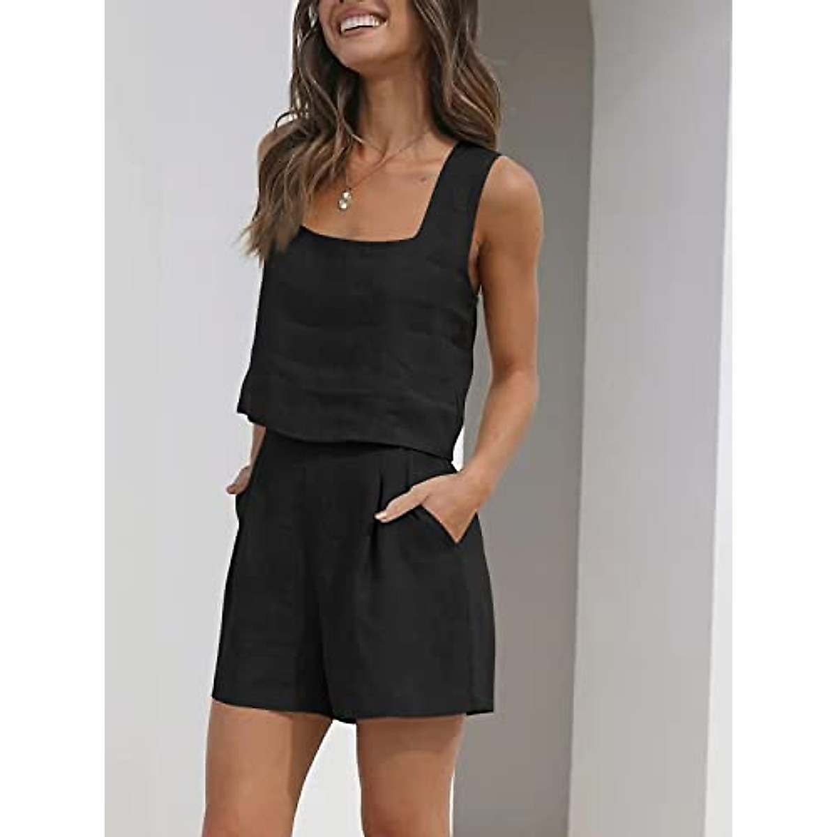 Trendy Queen Women 2 Piece Outfits Summer Linen Matching Sets Two Piece Lounge Shorts Crop Tank Tops 2023 Beach Clothes Vacation Romper