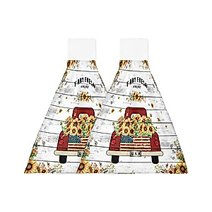 Rural Country Red Truck Yellow Blooming Sunflower and Bees Hanging Tie Towel for Kitchen Bathroom, 2 Pack Durable Absorbent Hand Towels Hangable Washing Cloths Home Cleaning Decor Wood Plank