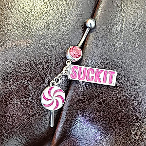 14G Belly Ring Pink CZ Gem 316L Surgical Steel Suck It Dangle Belly Button Rings Pink Lollipop Dangle Sexy Letters Belly Piercings Jewelry 7/16" (11mm)