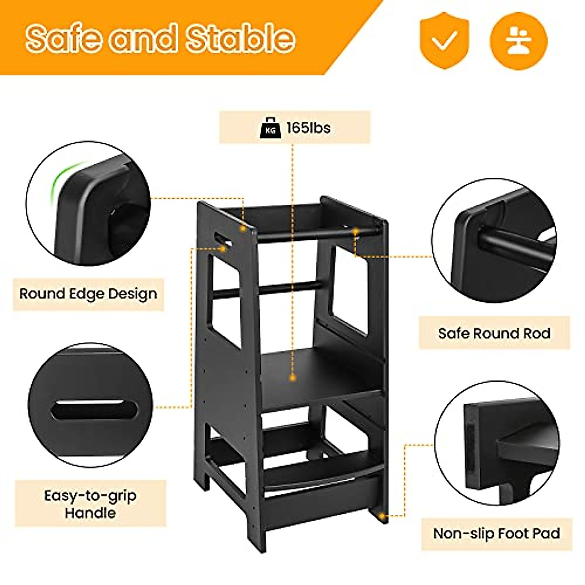 LUSIMO Toddler Step Stool Nursery Standing Tower Wooden Kids Step Stool with Safety Rail Height Adjustable Toddler Learning Tower with Anti-Slip Protection Support Up to 165lbs Black