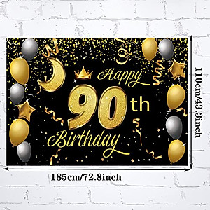 Sweet Happy 90th Birthday Backdrop Banner Poster 90 Birthday Party Decorations 90th Birthday Party Supplies 90th Photo Background for Girls,Boys,Women,Men - Black Gold 72.8 x 43.3 Inch