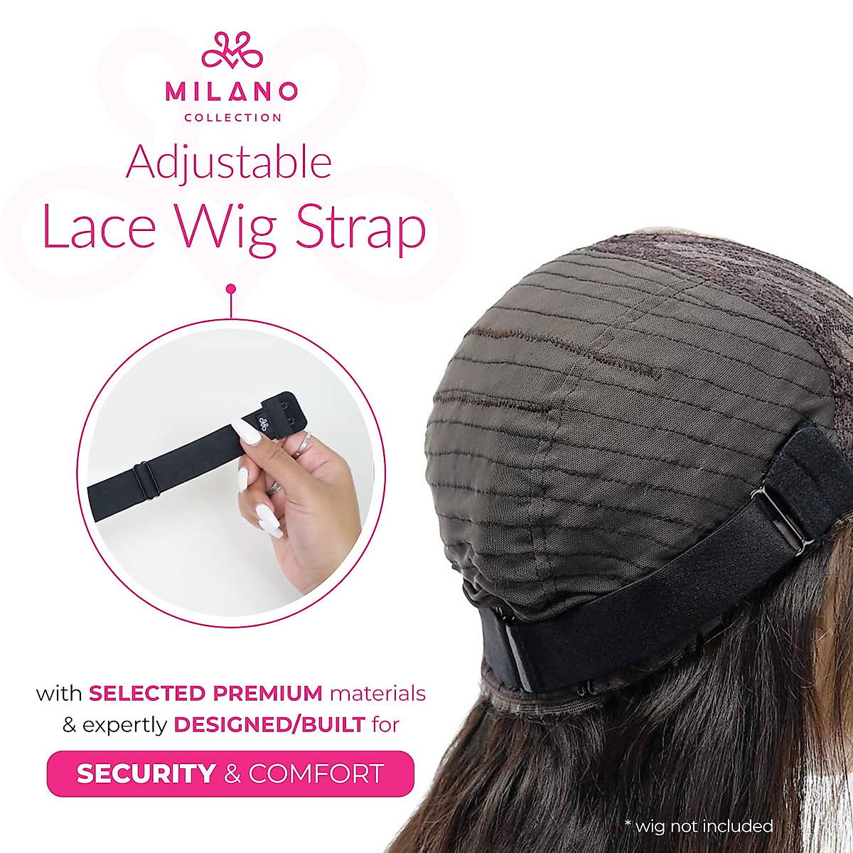 Milano Adjustable Elastic Wig Band with Hooks for Secure Fit & Comfort for Wigs and Lace Front Wigs - Wig Strap, Headband, & Wig Grip Accessories, Black